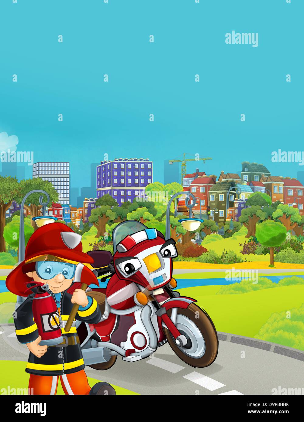cartoon scene with fireman vehicle on the road - illustration for ...