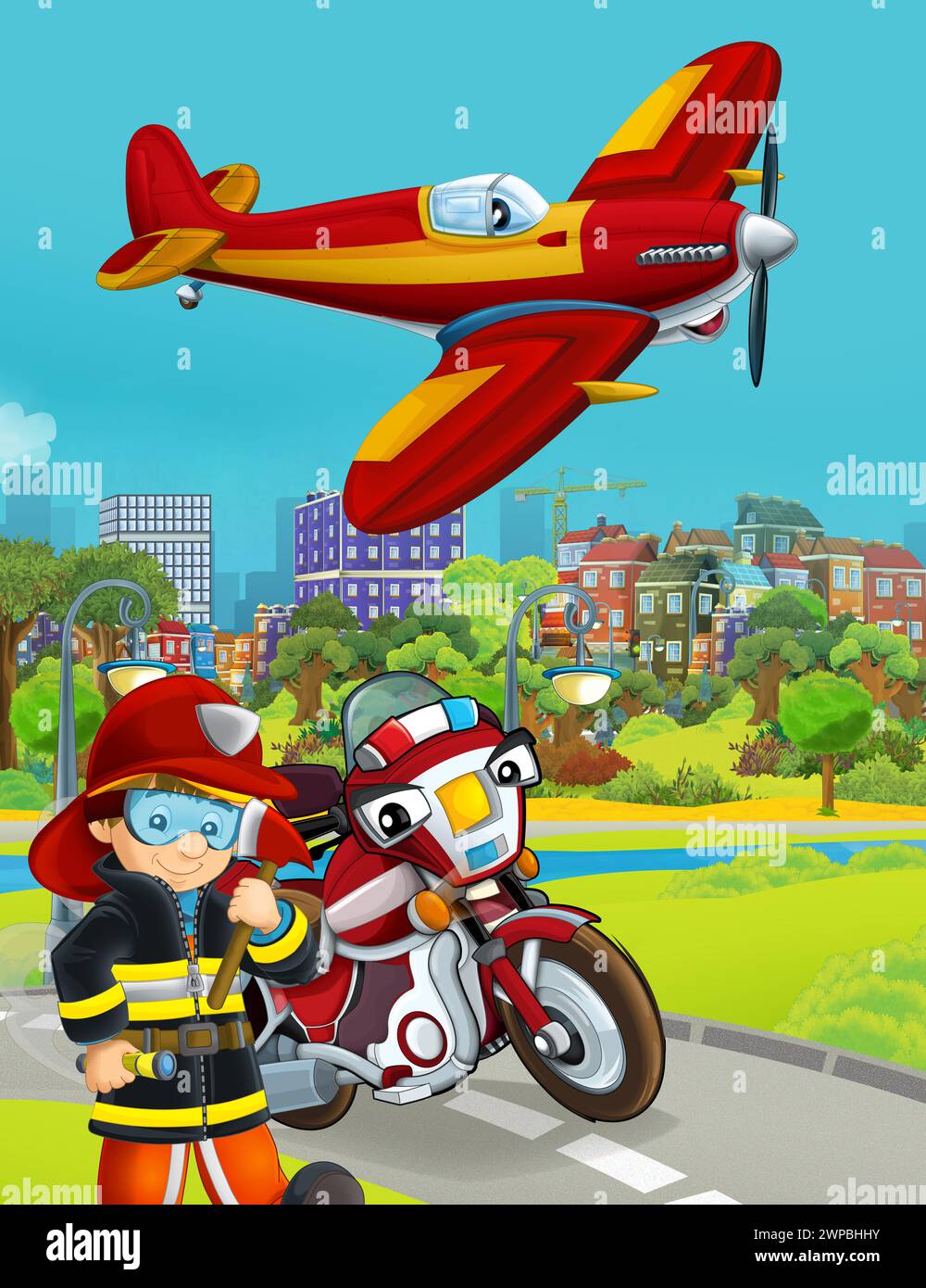 cartoon scene with fire brigade car vehicle on the road and fireman ...