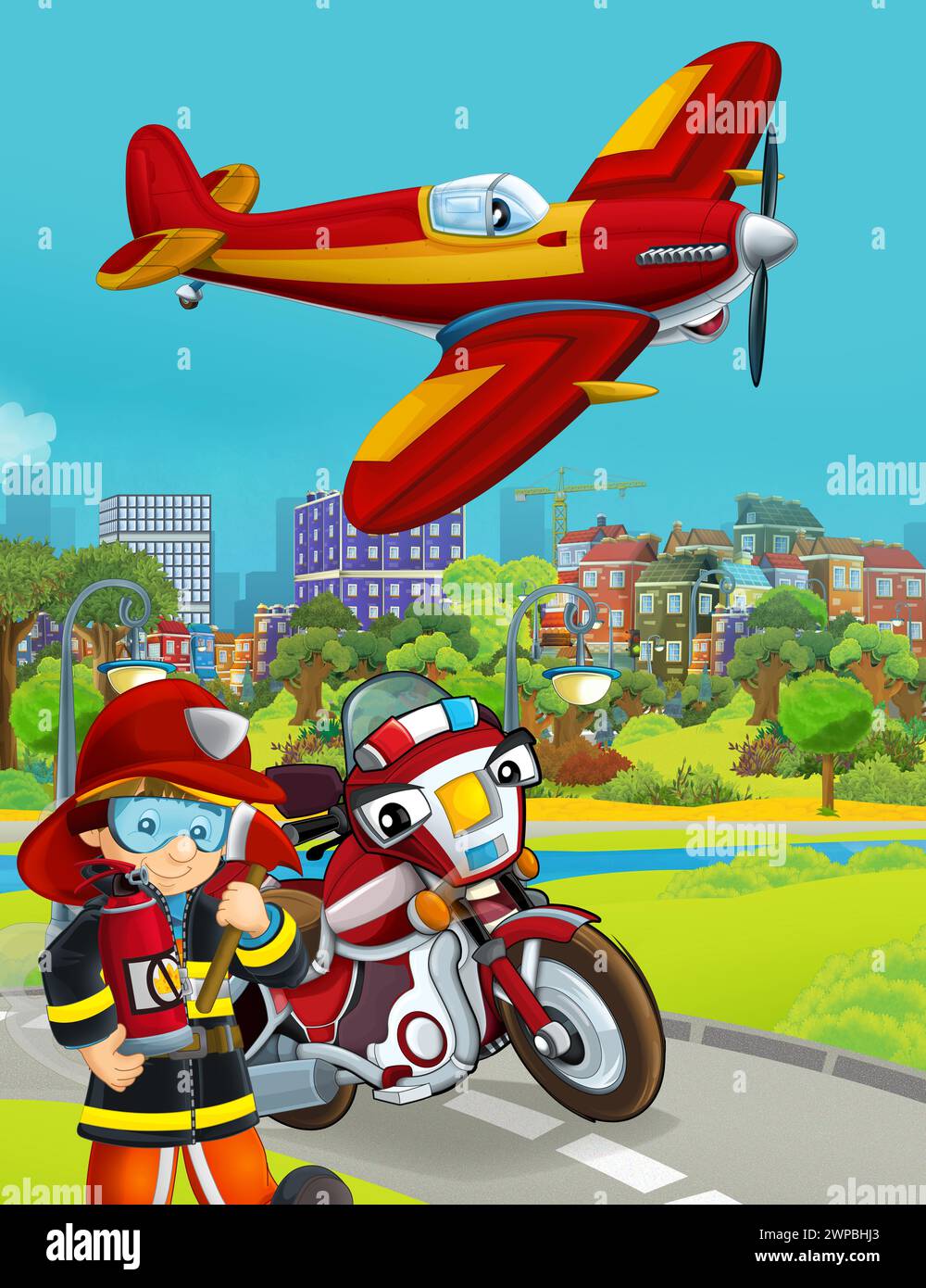 cartoon scene with fire brigade car vehicle on the road and fireman ...