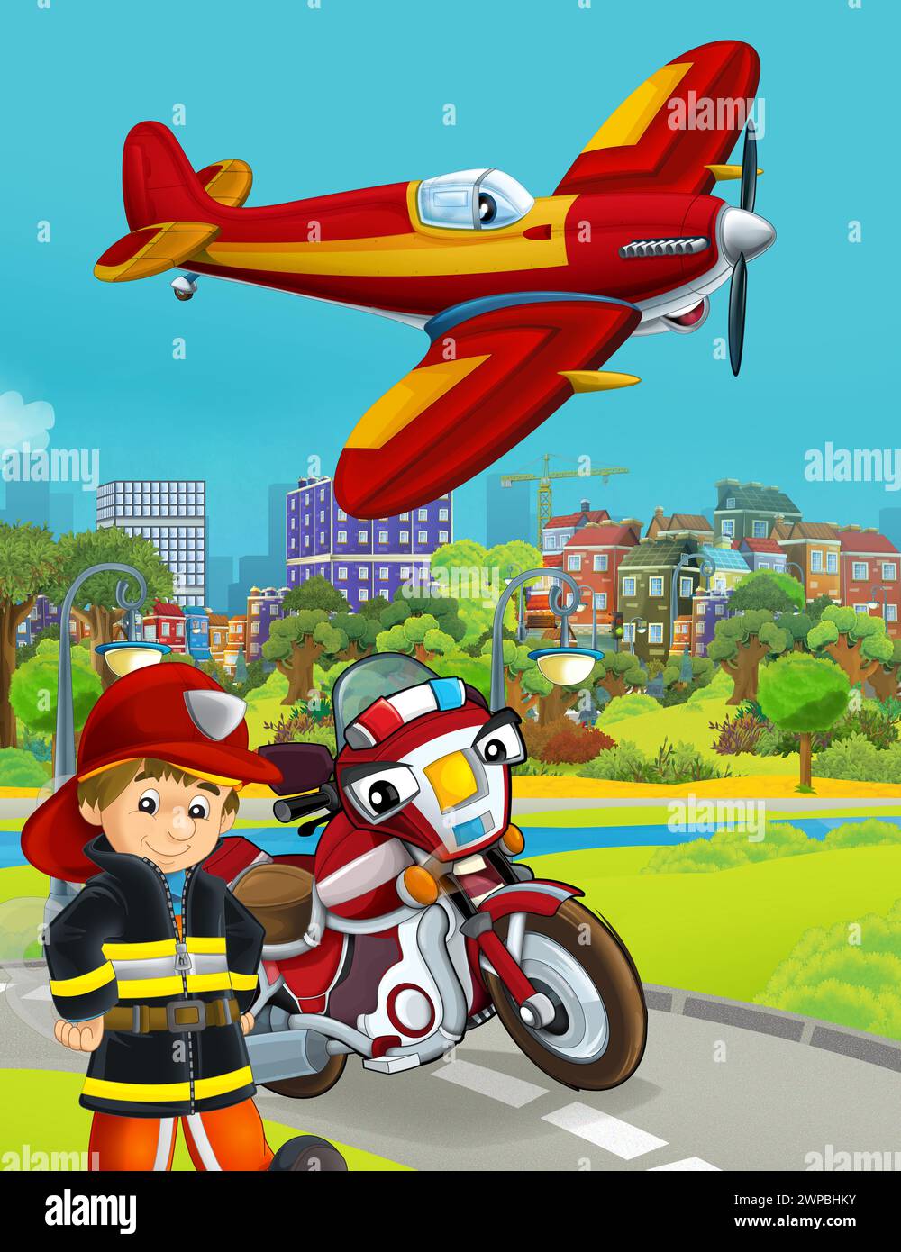 cartoon scene with fire brigade car vehicle on the road and fireman ...