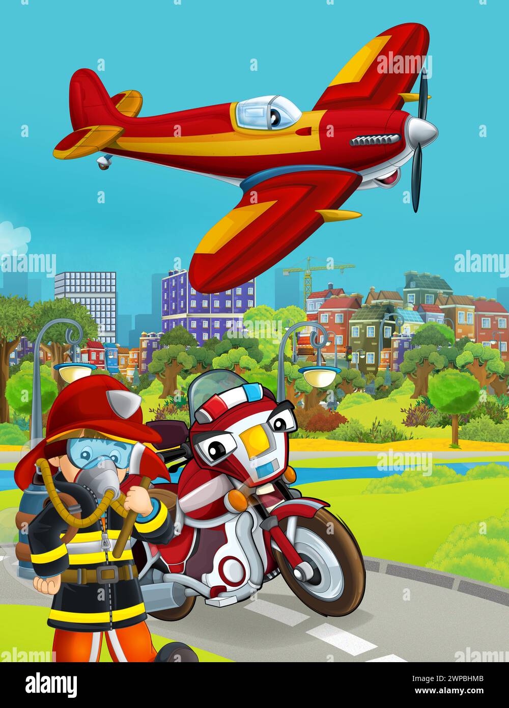 cartoon scene with fire brigade car vehicle on the road and fireman ...