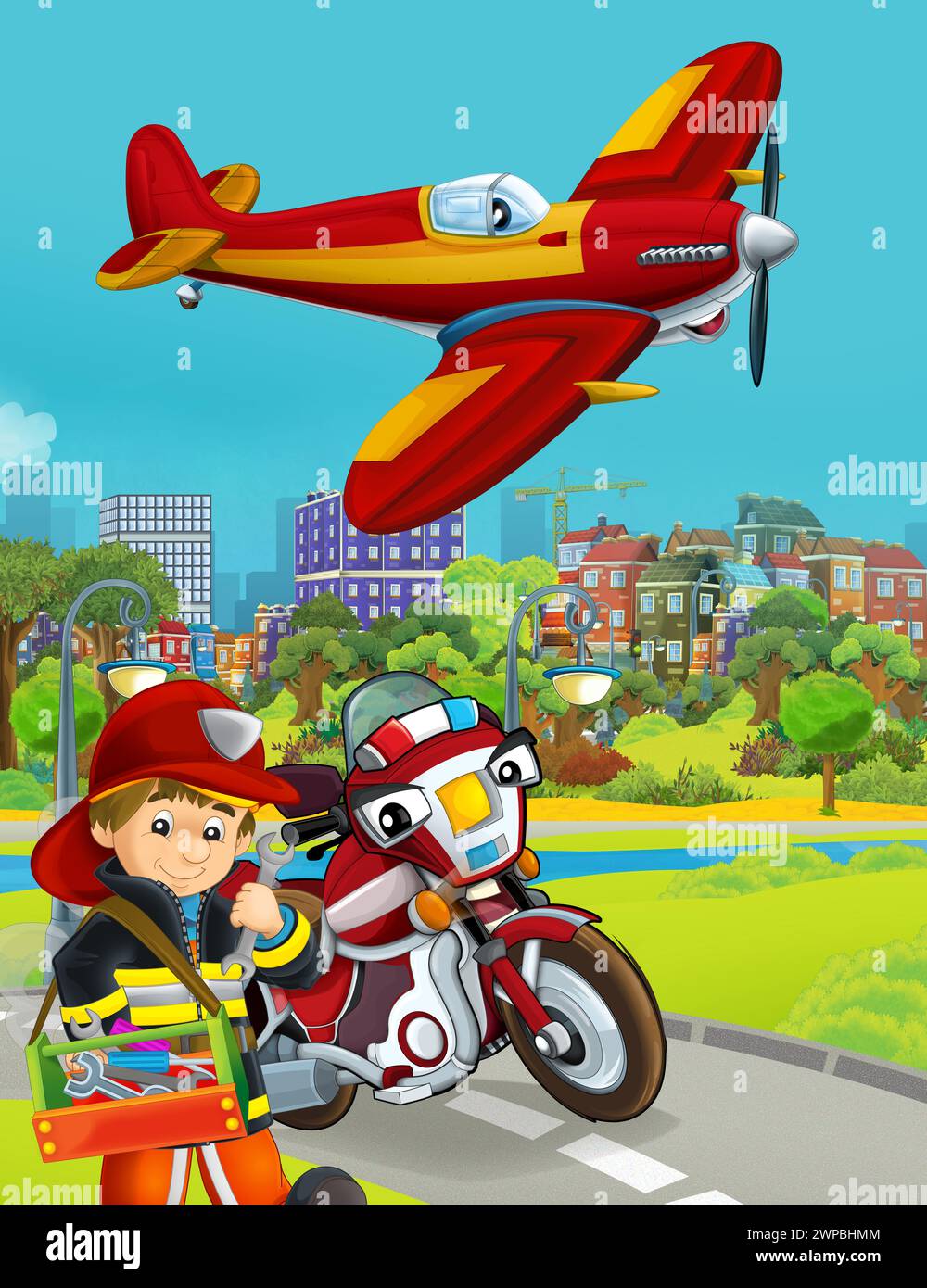 cartoon scene with fire brigade car vehicle on the road and fireman ...