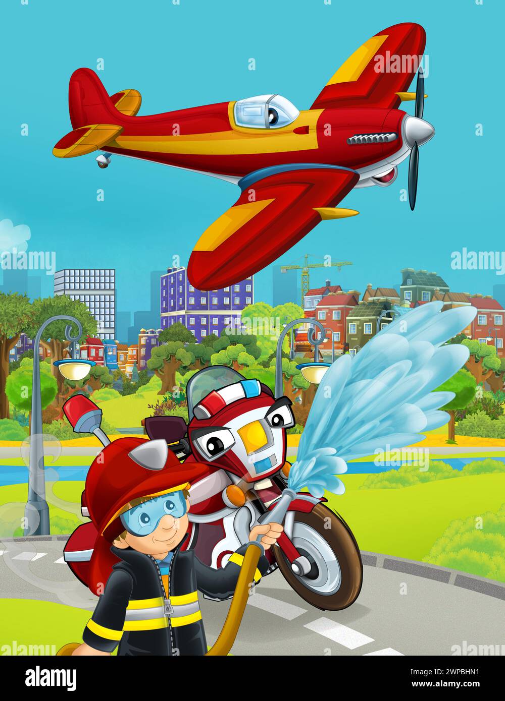 cartoon scene with fire brigade car vehicle on the road and fireman ...