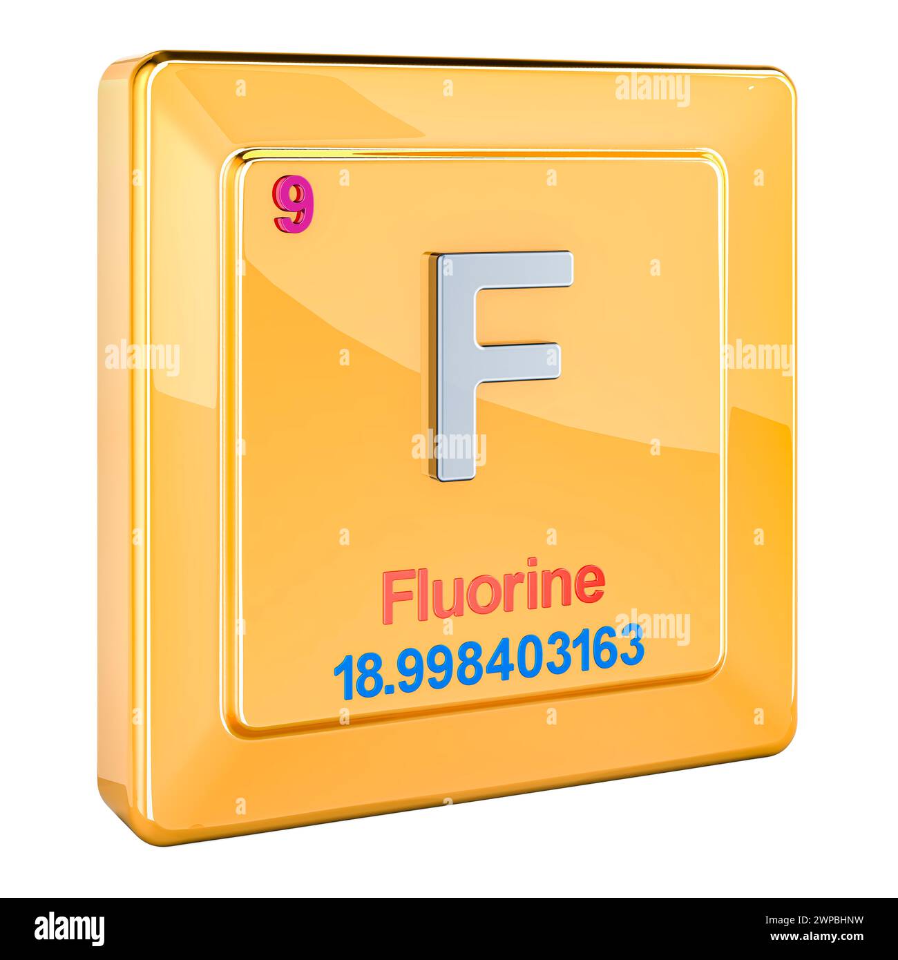 Fluorine F, chemical element sign with number 9 in periodic table. 3D ...