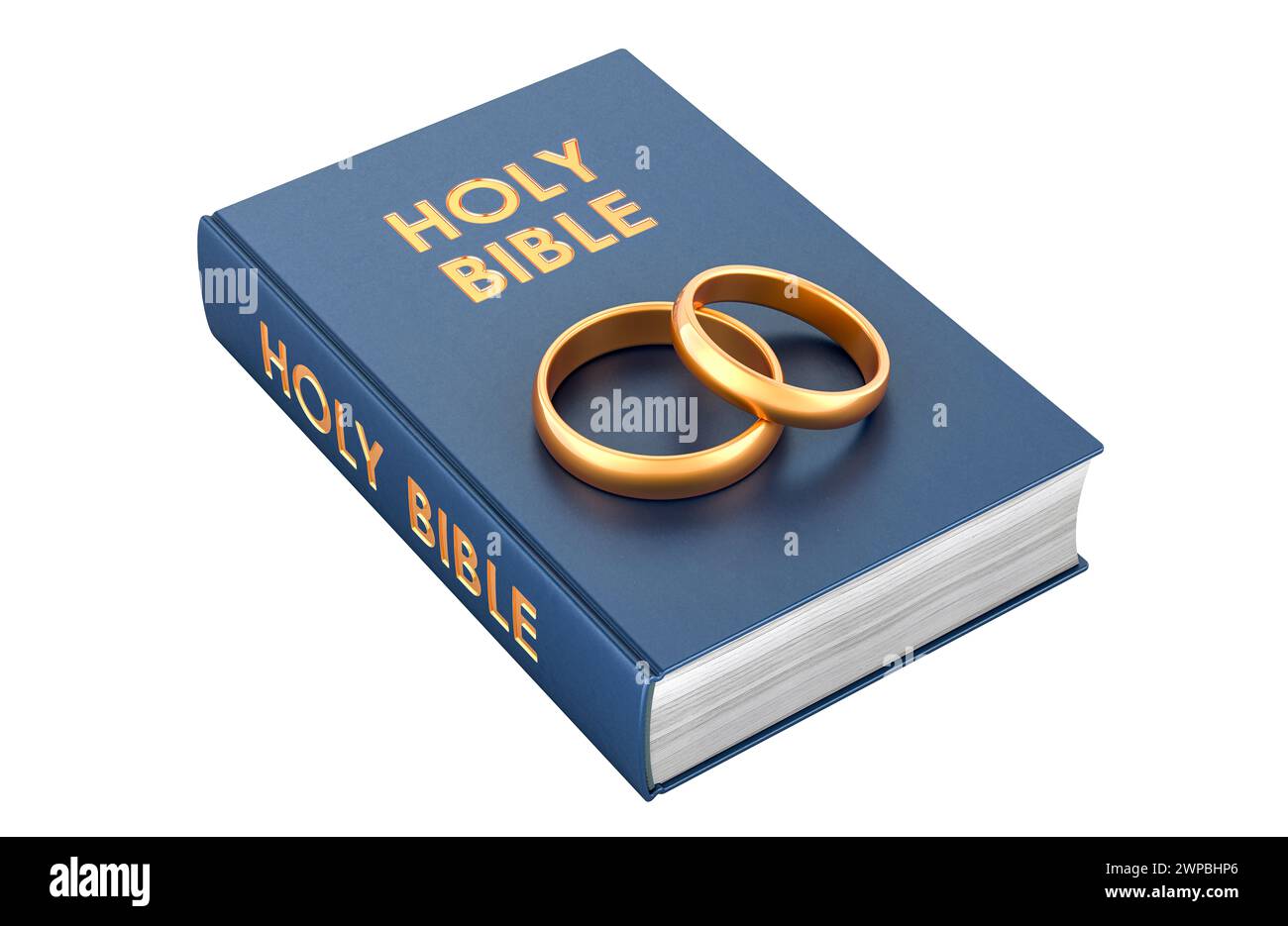 Holy bible with golden wedding rings, 3D rendering isolated on white ...
