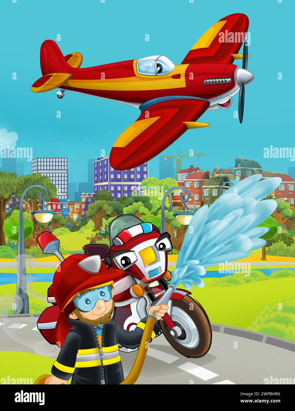 cartoon scene with fire brigade car vehicle on the road and fireman ...