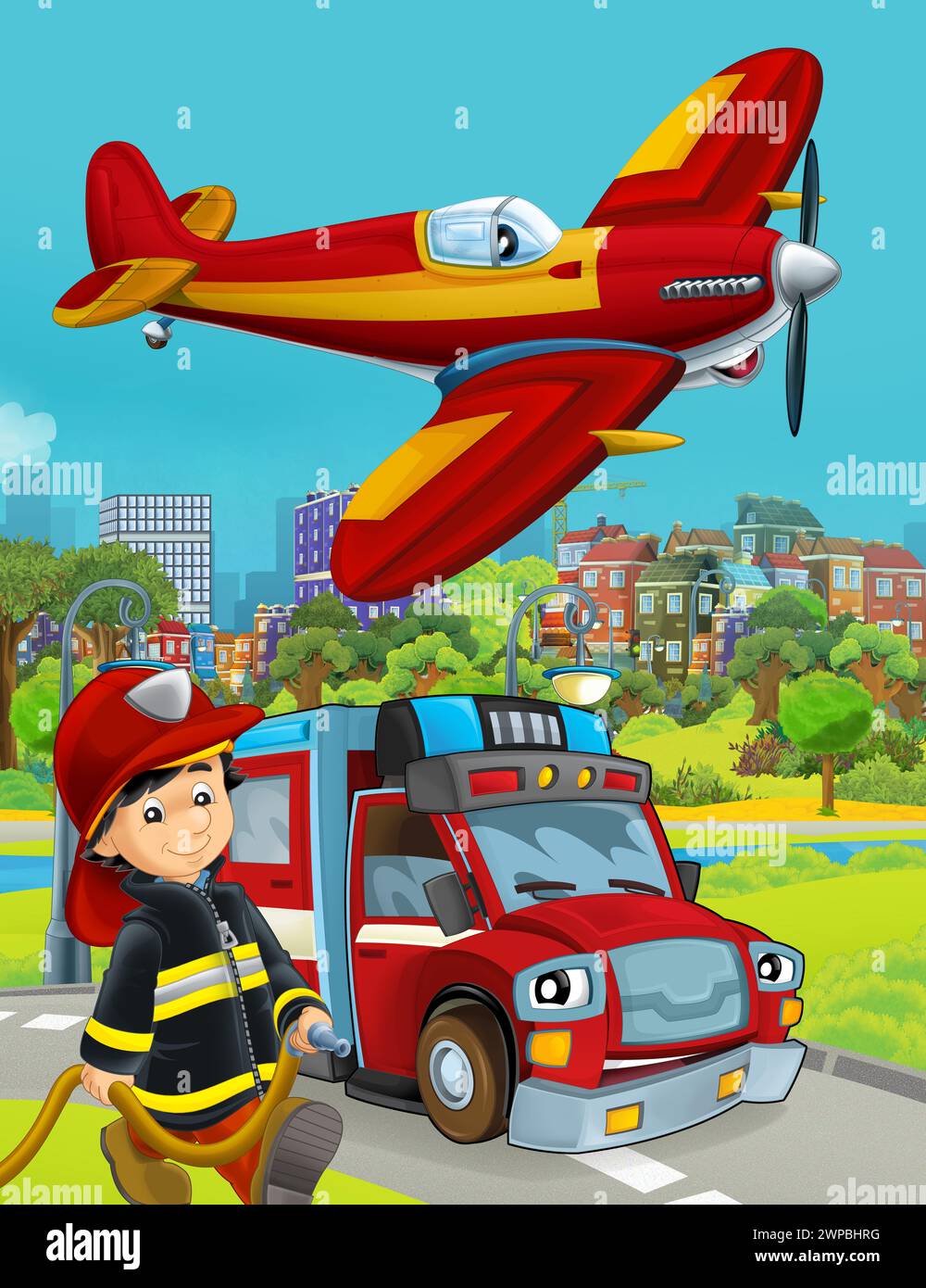 cartoon scene with fire brigade car vehicle on the road and fireman ...