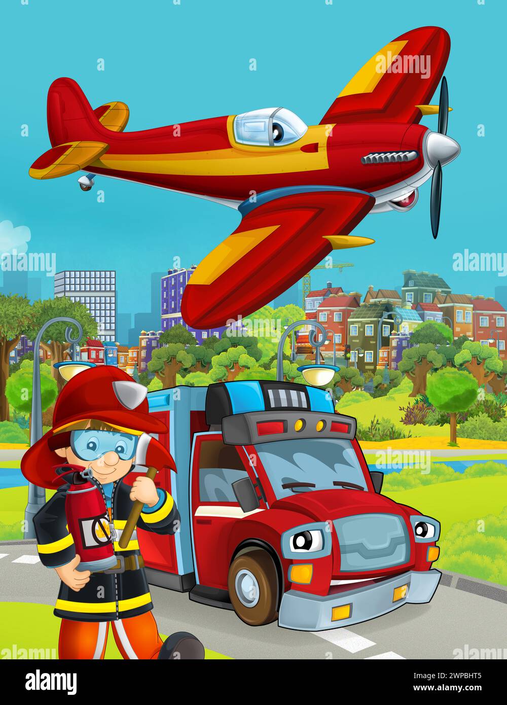 cartoon scene with fire brigade car vehicle on the road and fireman ...