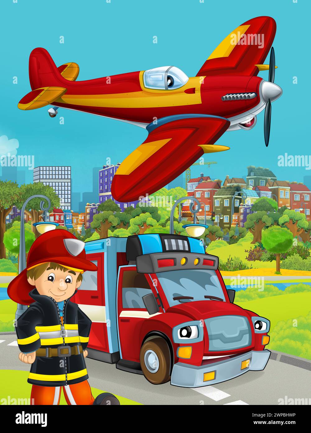 cartoon scene with fire brigade car vehicle on the road and fireman ...