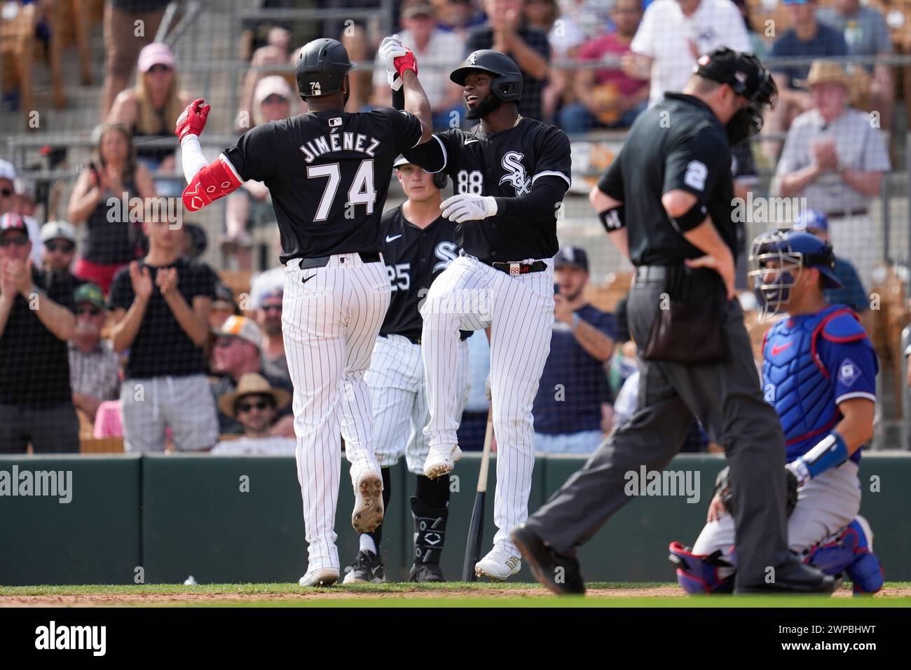 Chicago White Sox designated hitter Eloy Jiménez (74) celebrates with ...