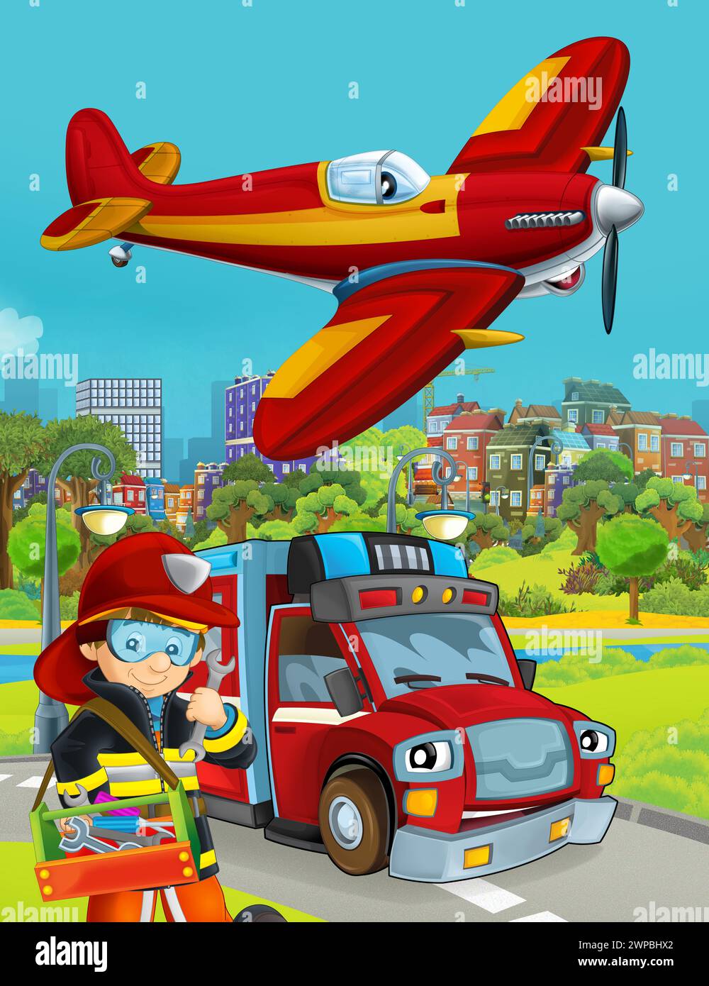 cartoon scene with fire brigade car vehicle on the road and fireman ...