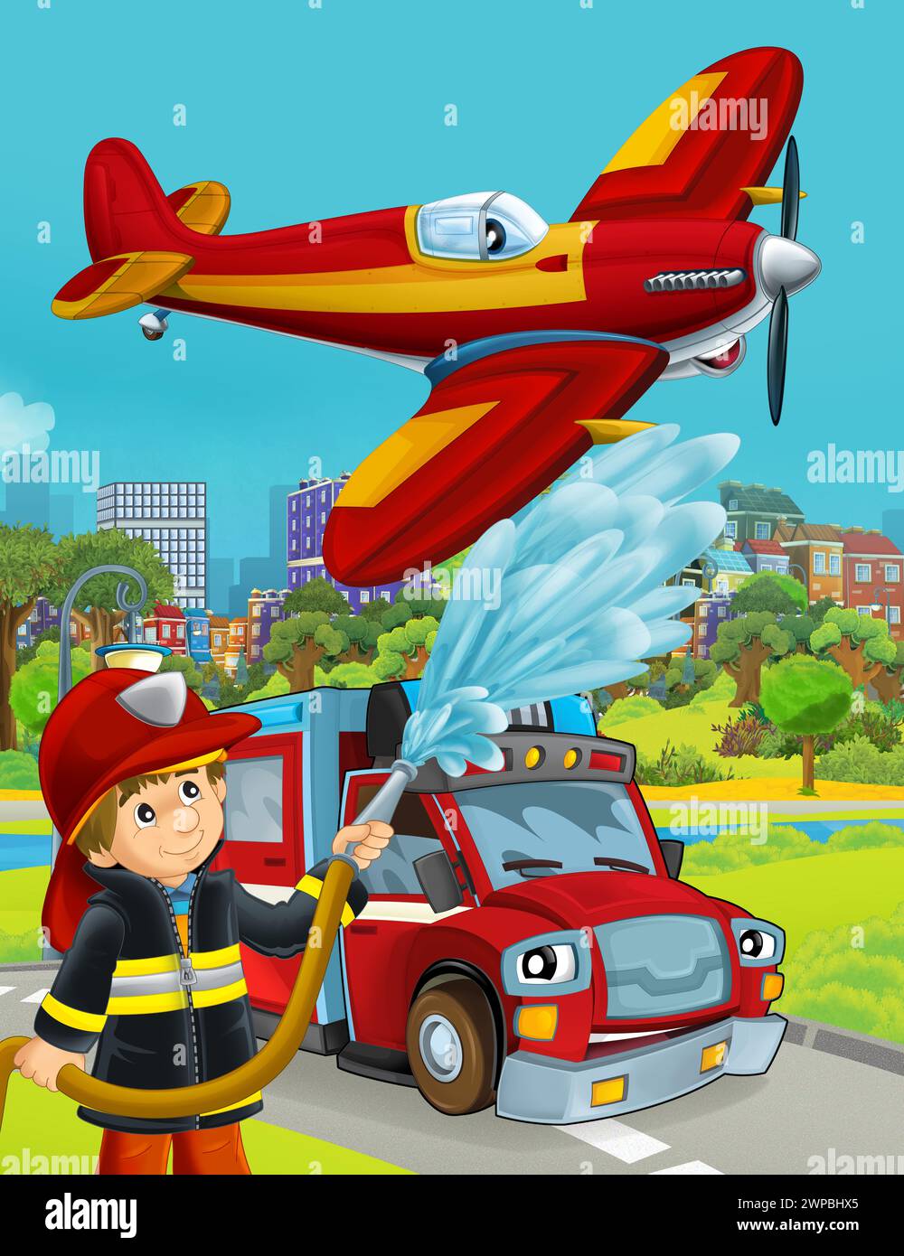 cartoon scene with fire brigade car vehicle on the road and fireman ...