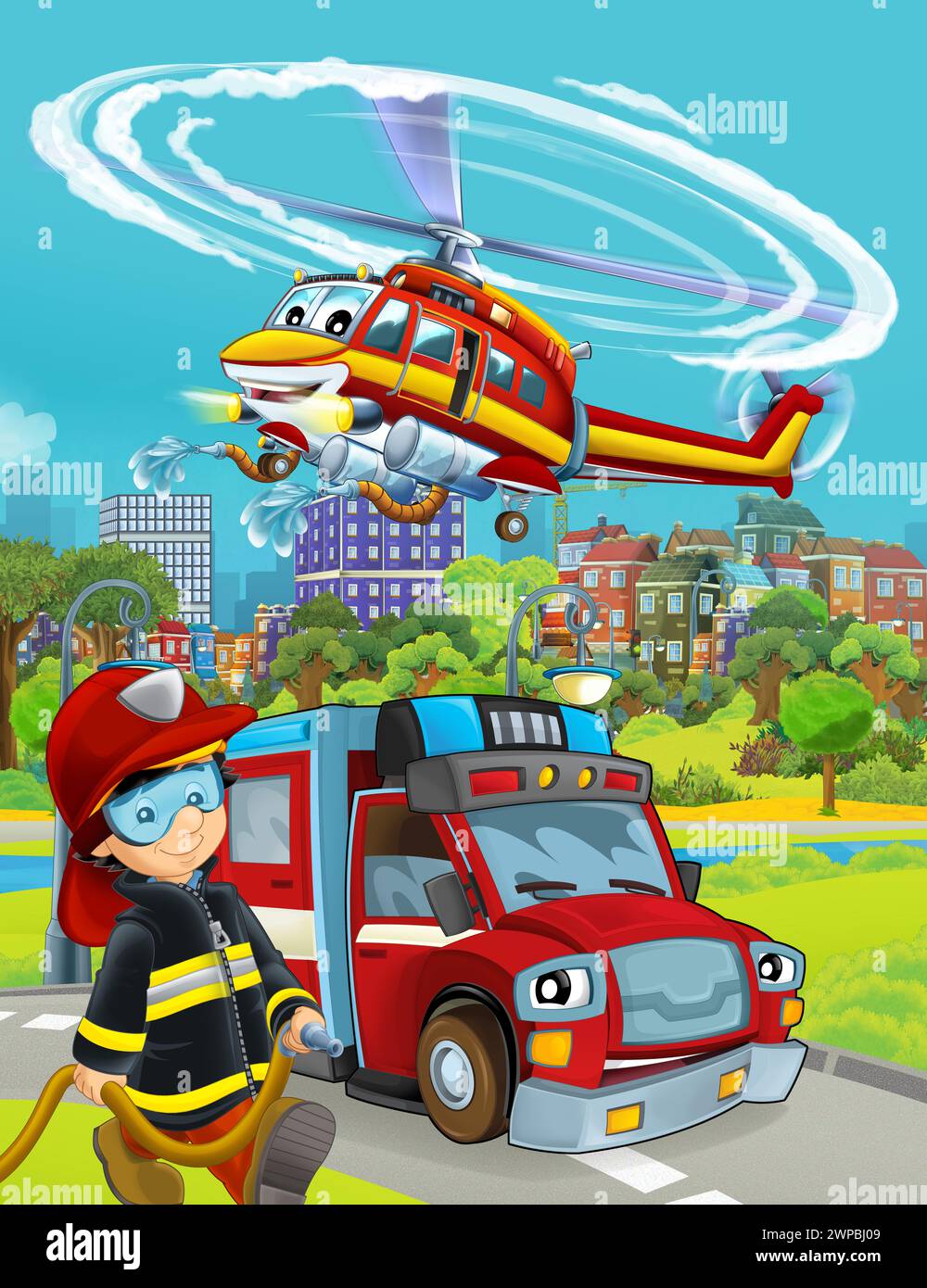 cartoon scene with fire brigade car vehicle on the road and fireman ...