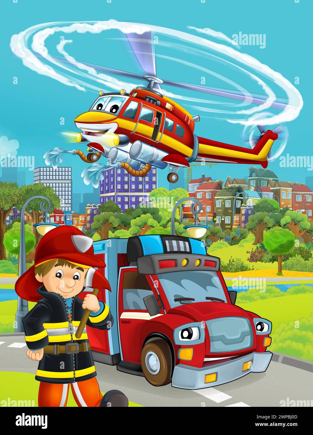 cartoon scene with fire brigade car vehicle on the road and fireman ...