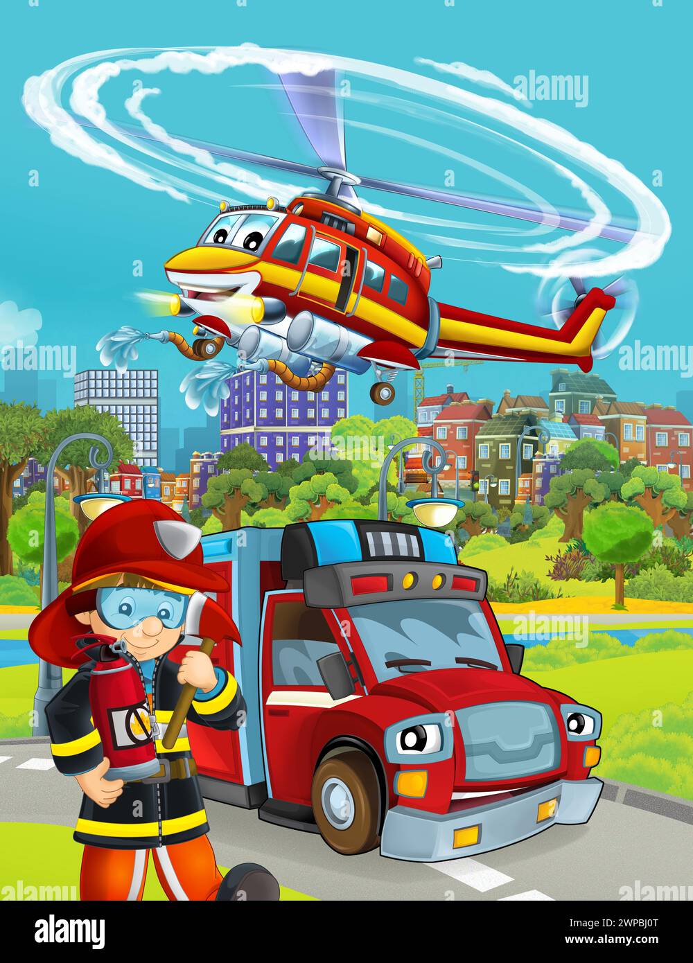 cartoon scene with fire brigade car vehicle on the road and fireman ...