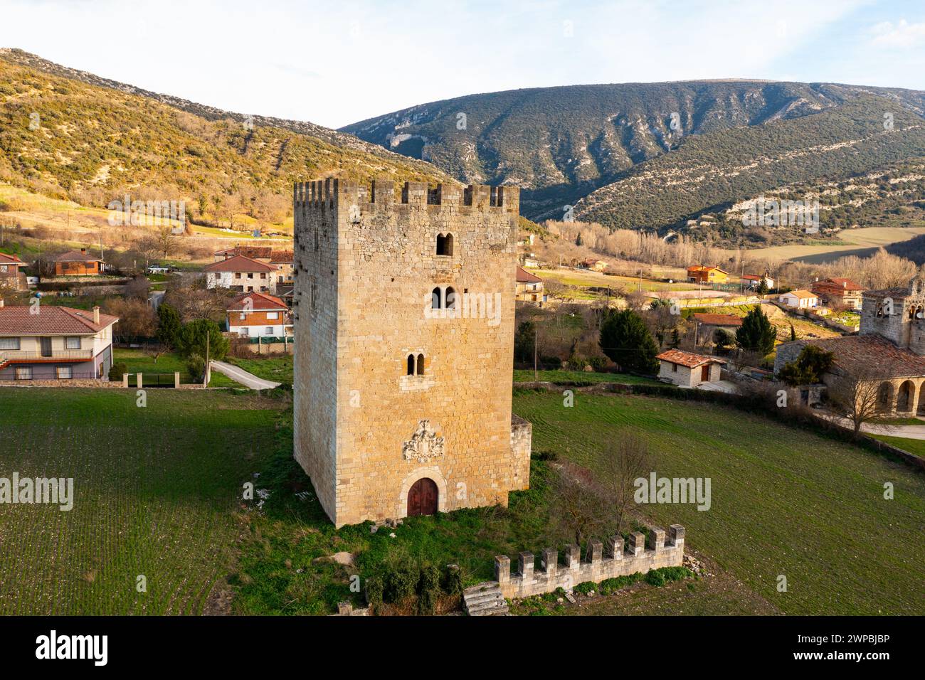 Aerial view of medieval Tower in valdenoceda, Burgos, Spain. Ancient ...