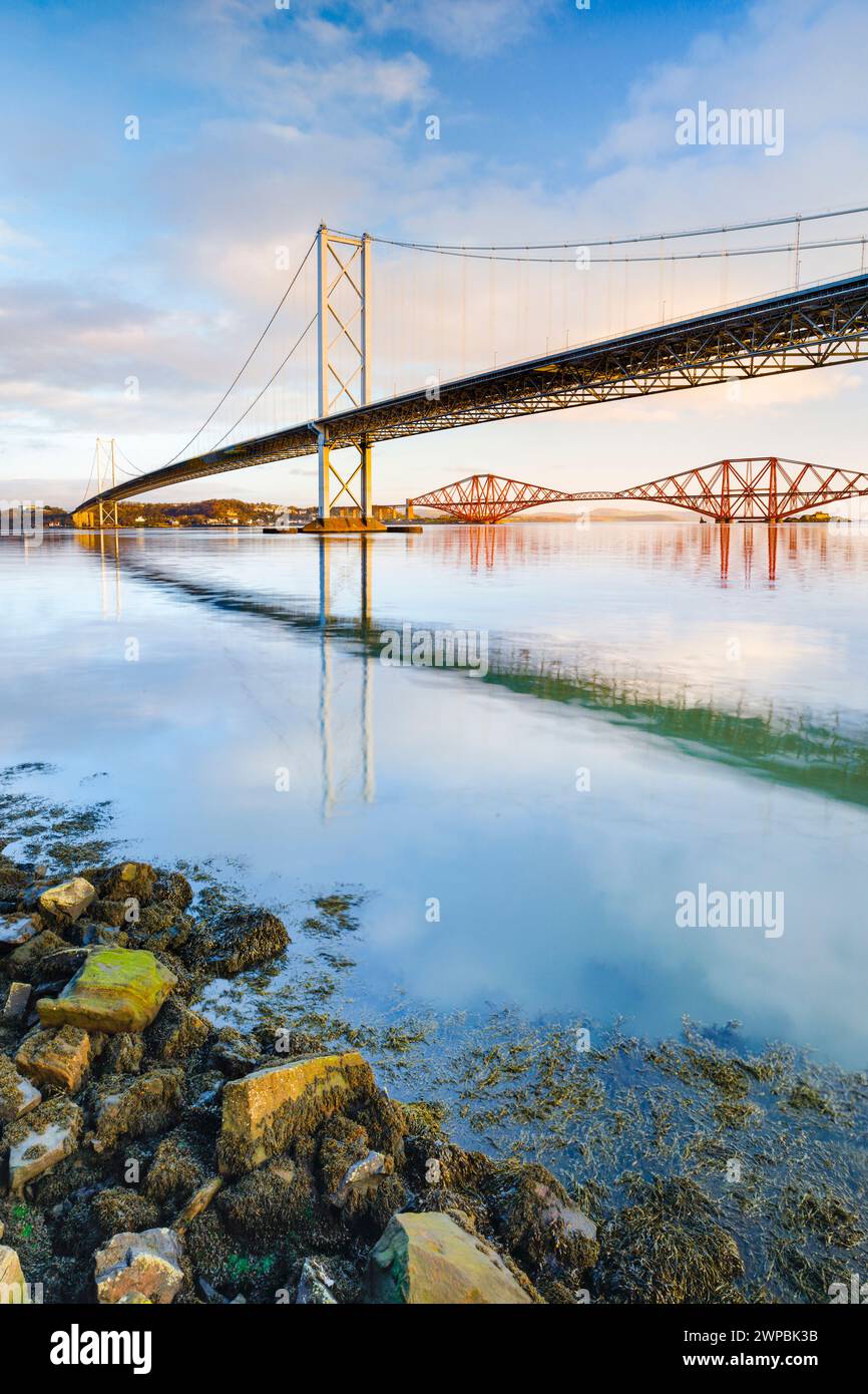 Queensferry Crossing, the Forth Road Bridge and the red Forth Bridge ...