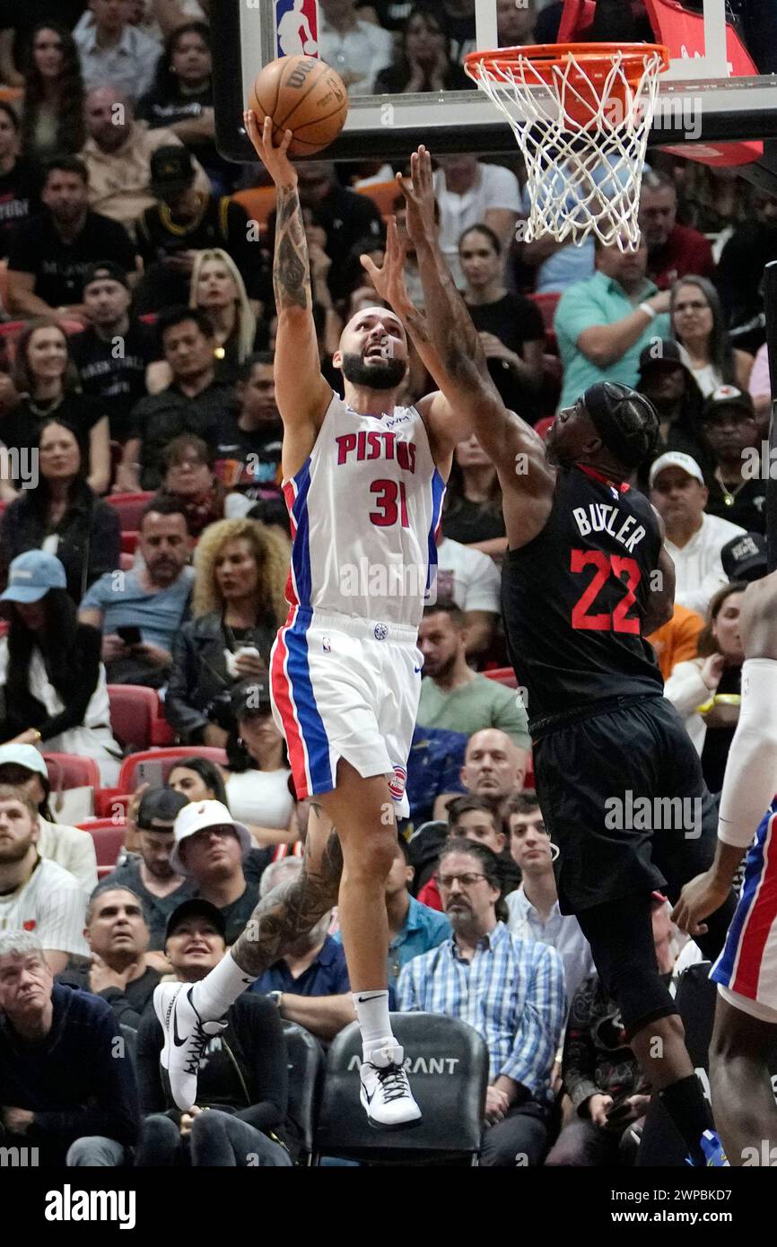 Detroit Pistons guard Evan Fournier (31) shoots over Miami Heat forward ...