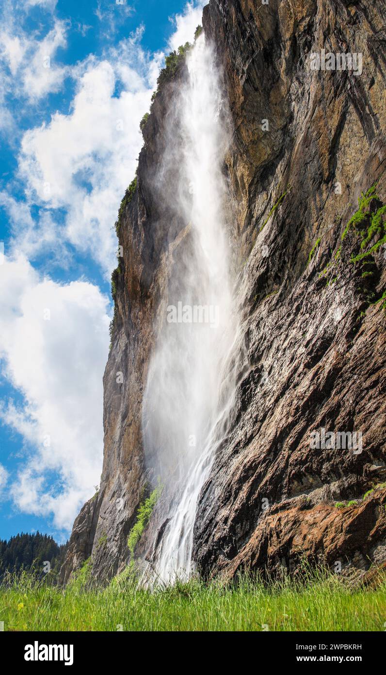waterfall Staubbachfall, Staubbach falls, in valley Lauterbrunnental ...