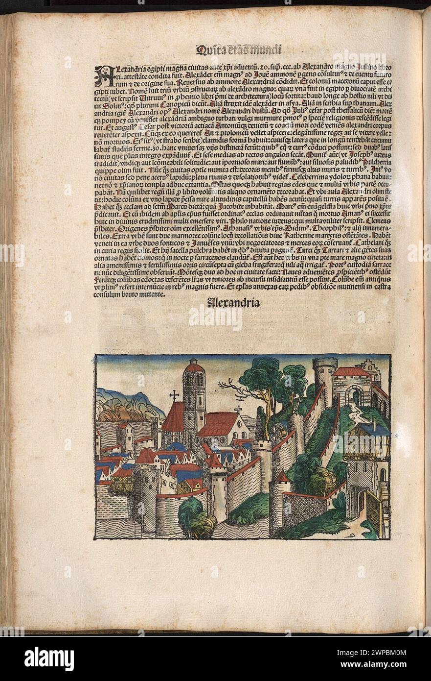 Beautiful woodcut pages from the 1493 Nuremberg Chronicle, which is an ...