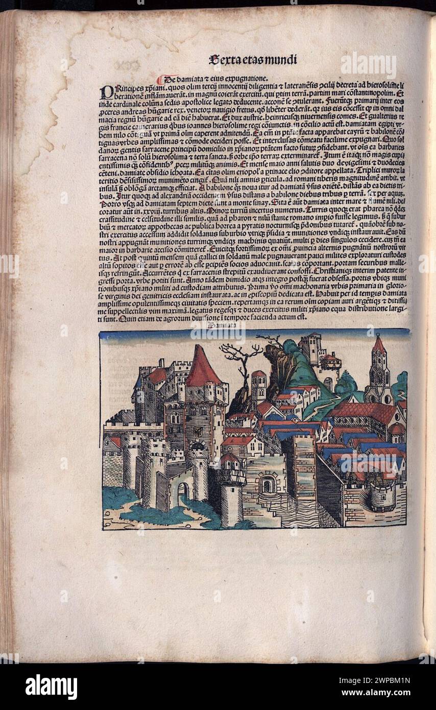 Beautiful woodcut pages from the 1493 Nuremberg Chronicle, which is an ...
