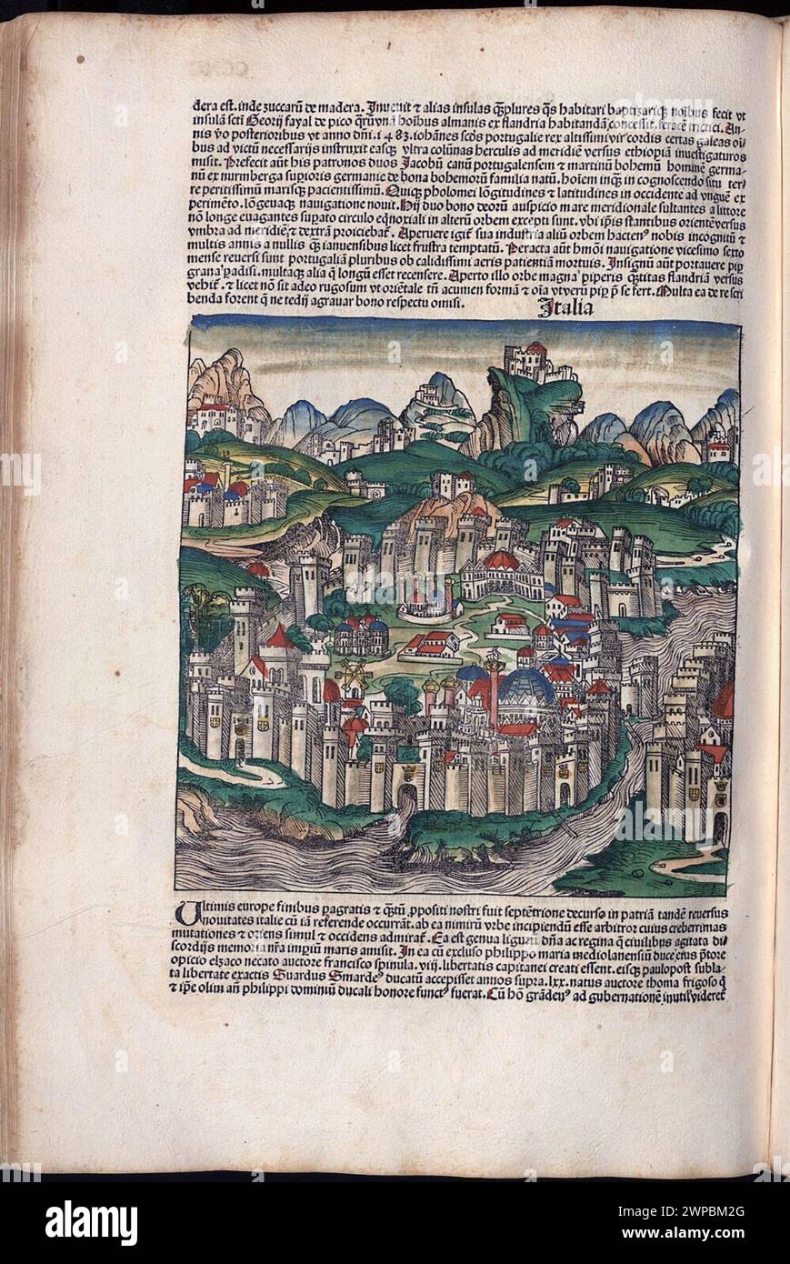 Beautiful woodcut pages from the 1493 Nuremberg Chronicle, which is an ...