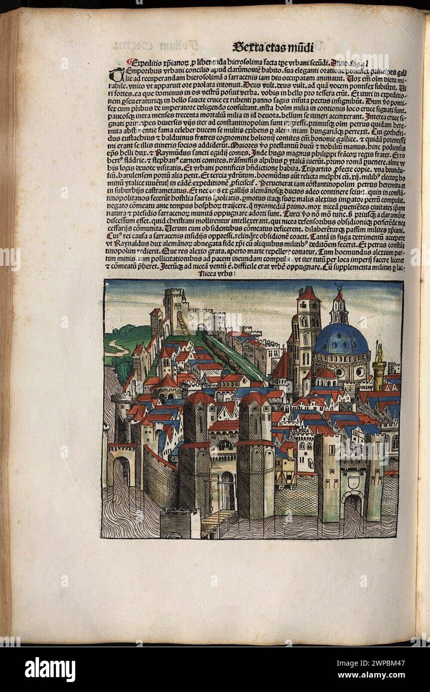 Beautiful woodcut pages from the 1493 Nuremberg Chronicle, which is an ...