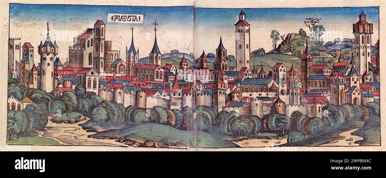 A beautiful woodcut from 1493 of the town of Augusta (now Augsberg) in ...