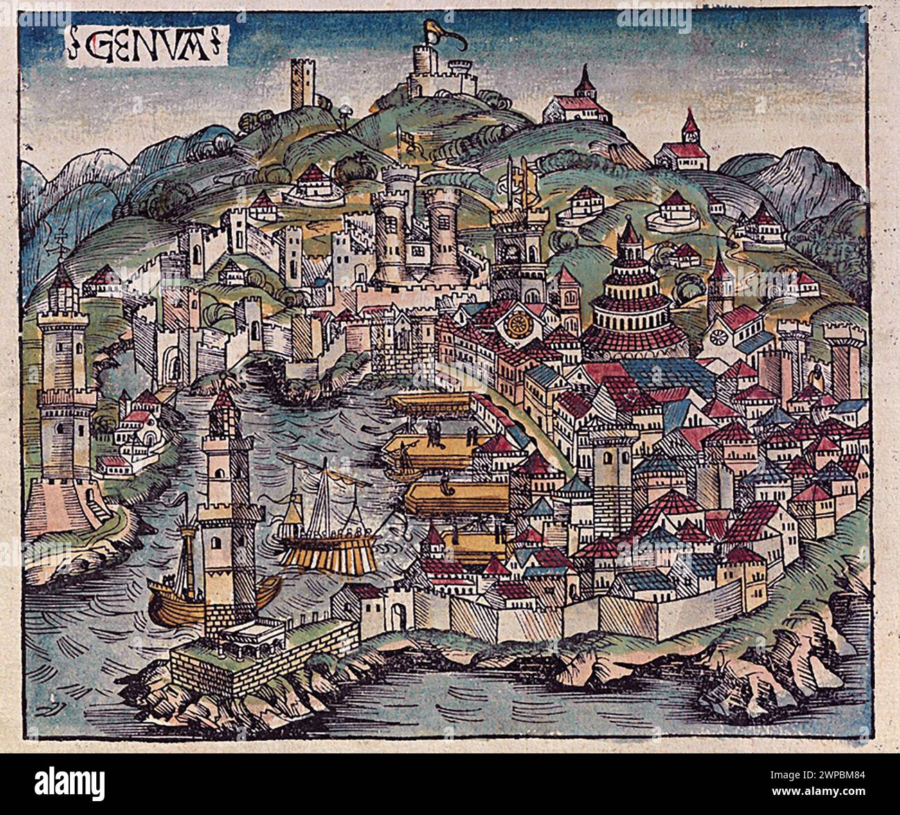 A beautiful woodcut from 1493 of the town of Geneva in Switzerland ...