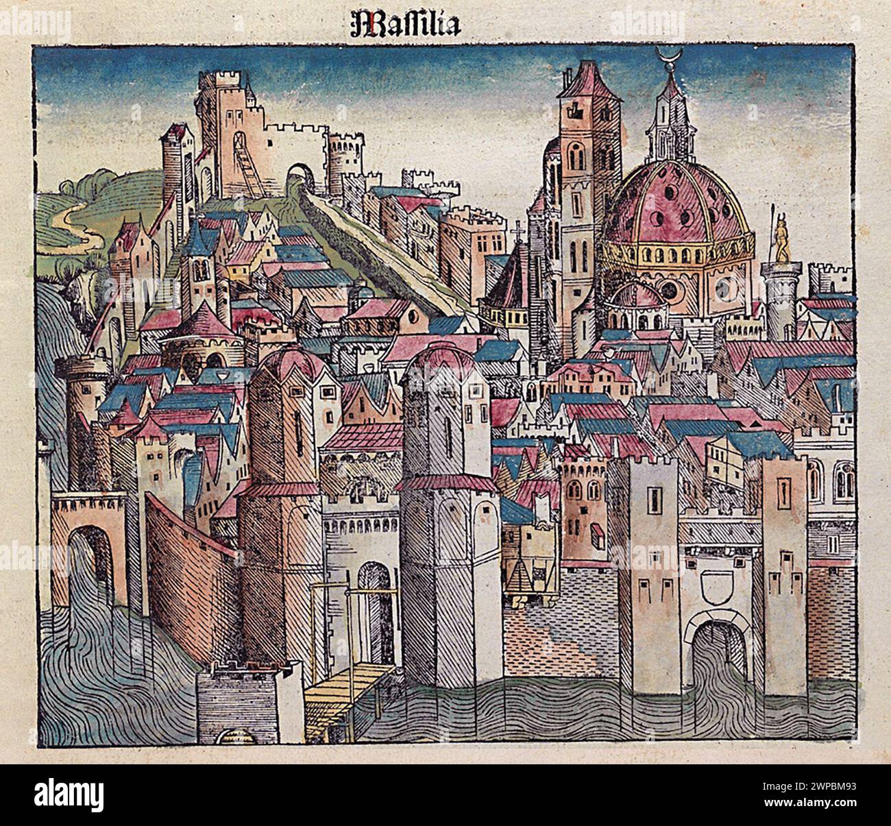 A beautiful woodcut from 1493 of the town of Massalia (noow Marseilles ...