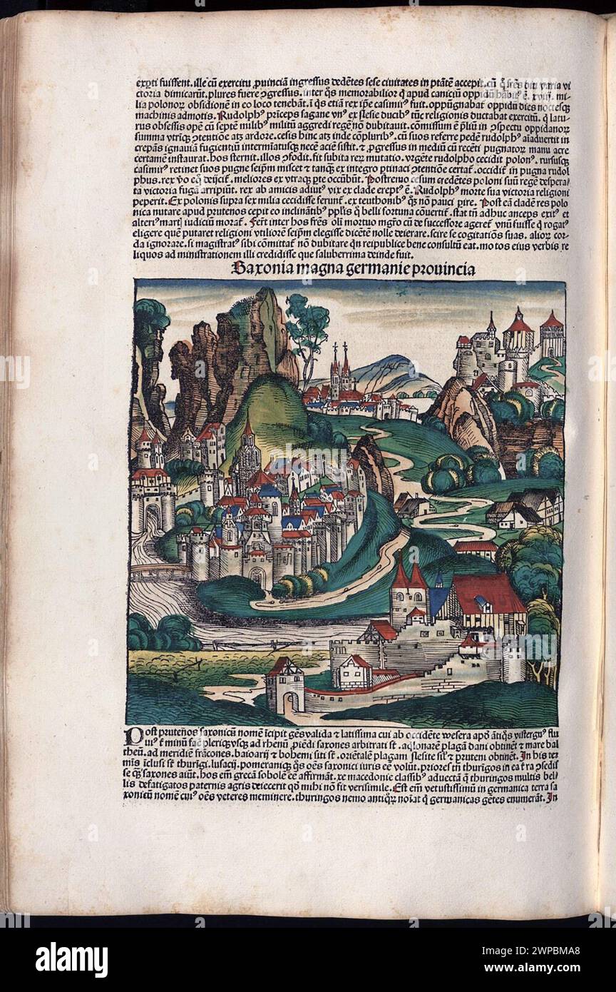 Beautiful woodcut pages from the 1493 Nuremberg Chronicle, which is an ...