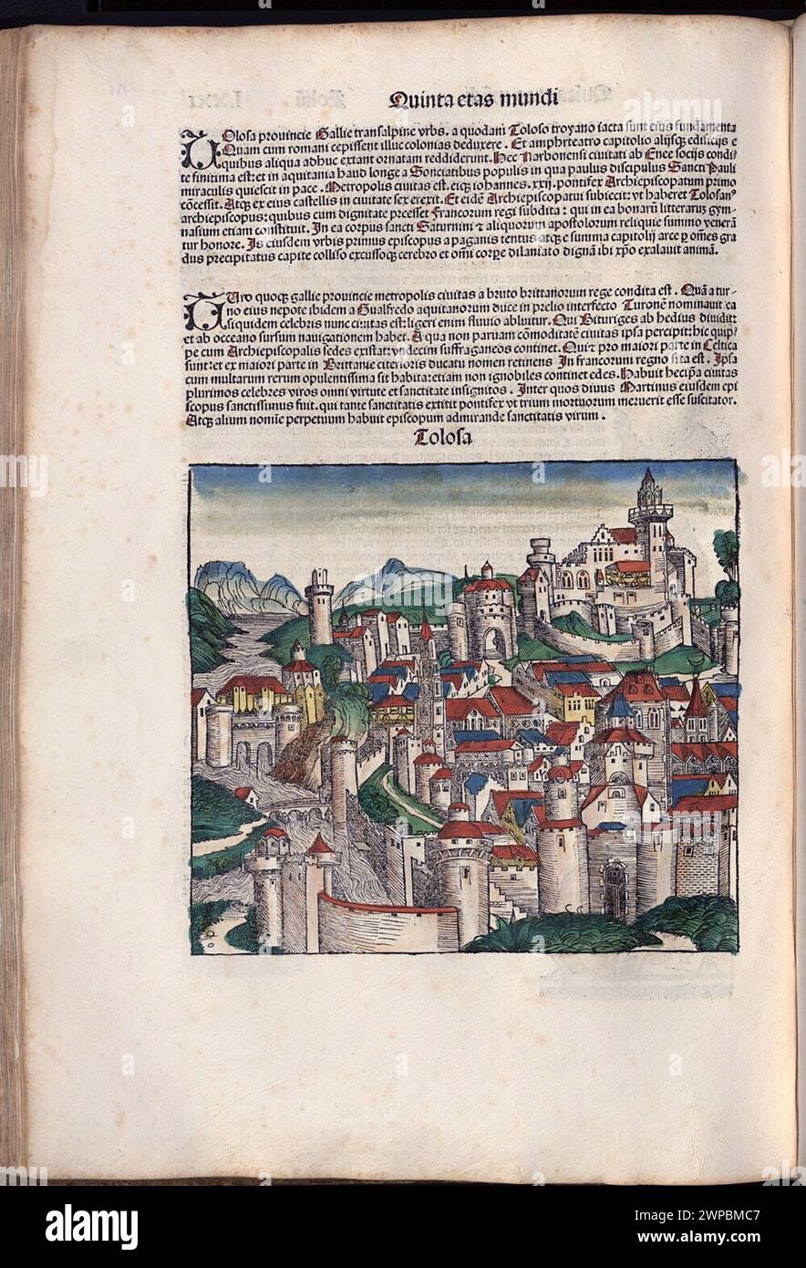 Beautiful woodcut pages from the 1493 Nuremberg Chronicle, which is an ...