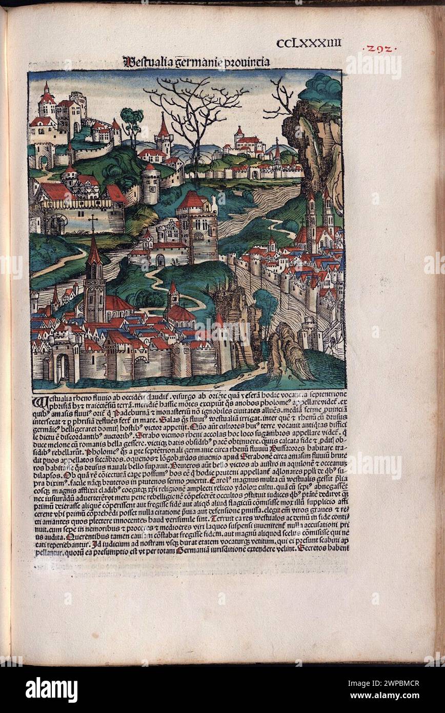 Beautiful woodcut pages from the 1493 Nuremberg Chronicle, which is an ...