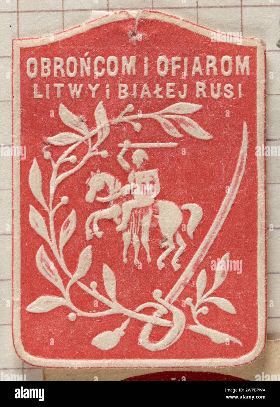 A question stamp depicting a garage Laurov, Lithuania, saber and text ...