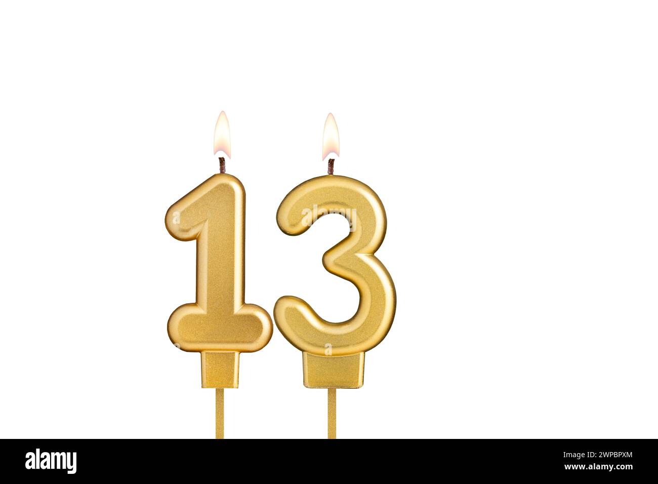 Golden number 13 birthday candle on white background Stock Photo - Alamy