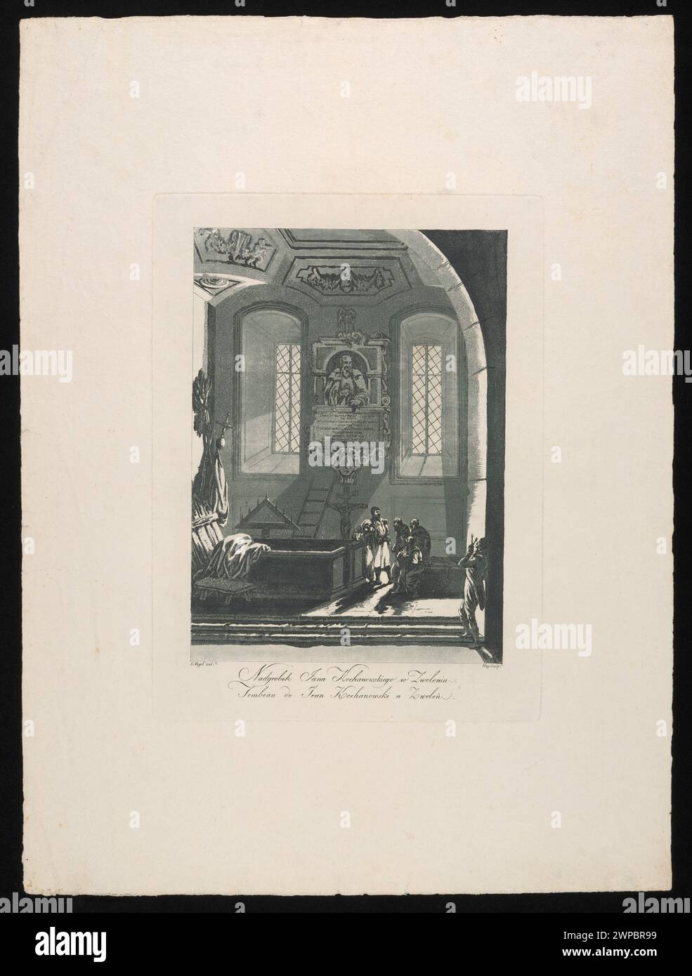 Lithograph showing the tombstone of poet Jan Kochanowski in Zwoleń ...