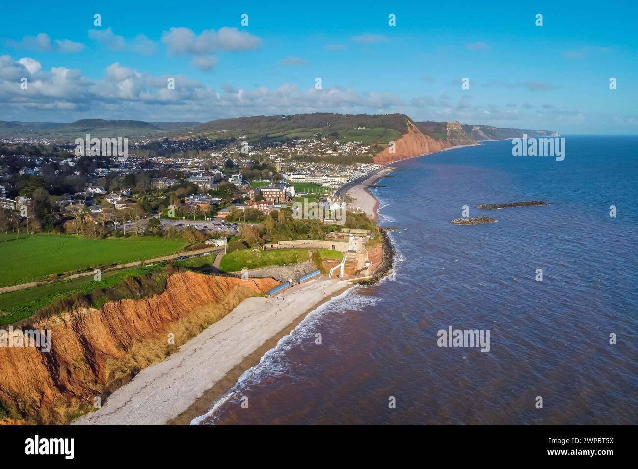 Sidmouth, Devon, UK. 6th March 2024. UK Weather. View from the air of ...