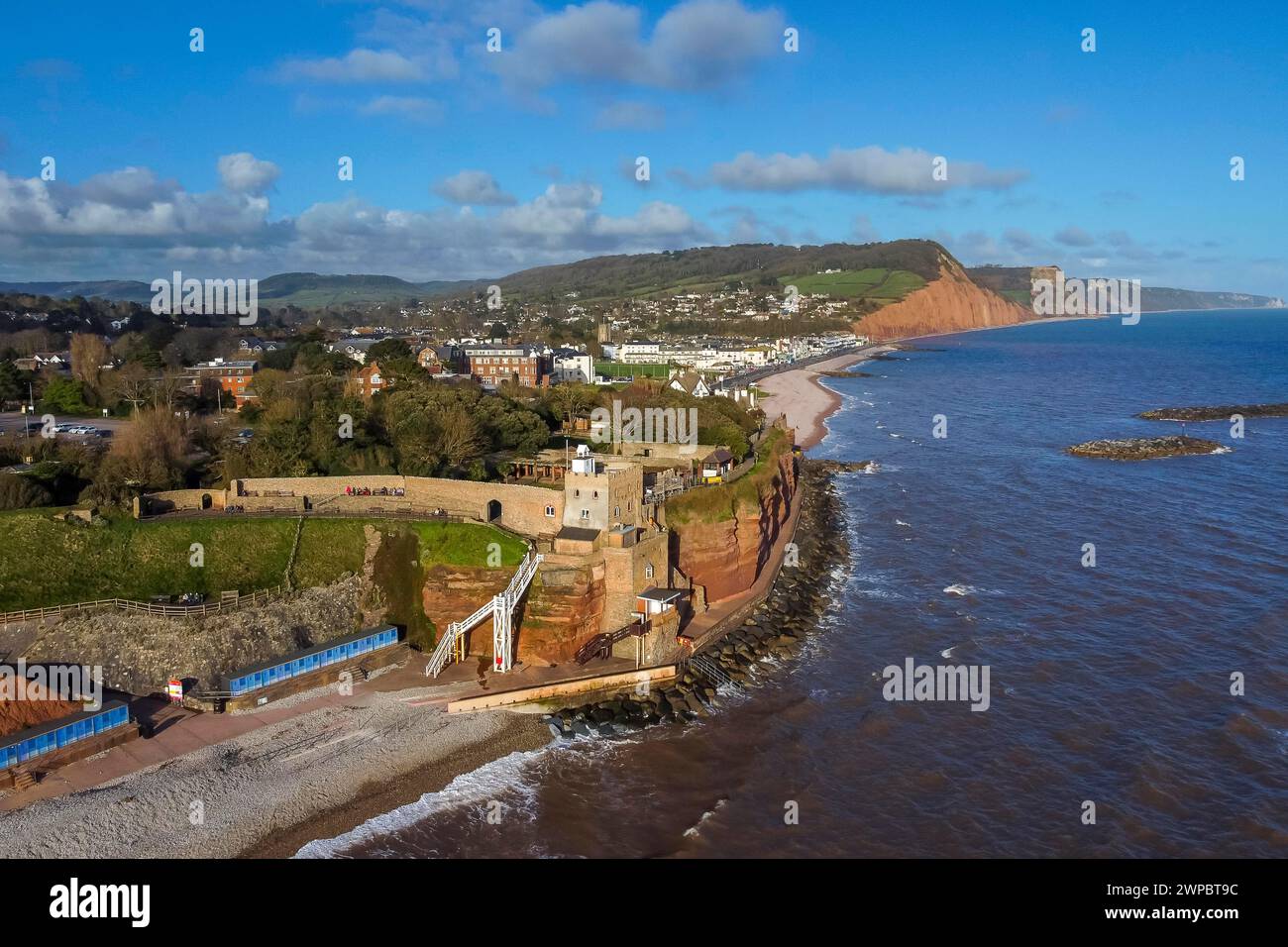Sidmouth, Devon, UK. 6th March 2024. UK Weather. View from the air of ...