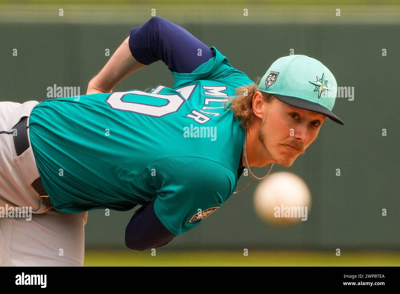 Seattle Mariners starting pitcher Bryce Miller throws against the ...