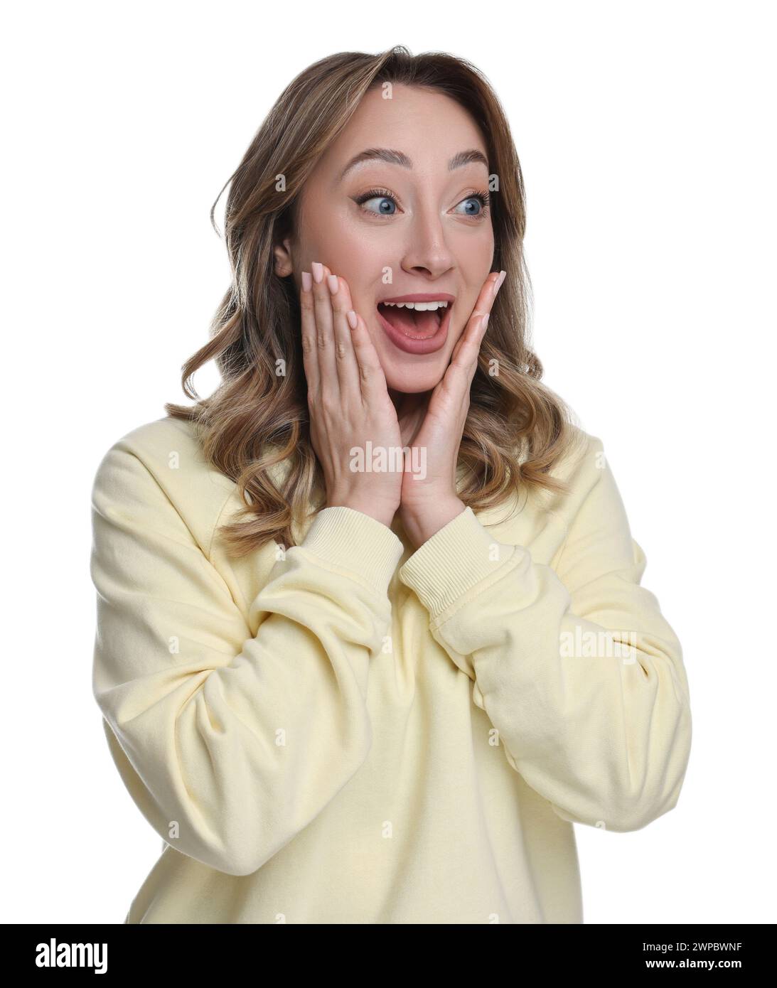 Portrait of happy surprised woman on white background Stock Photo - Alamy