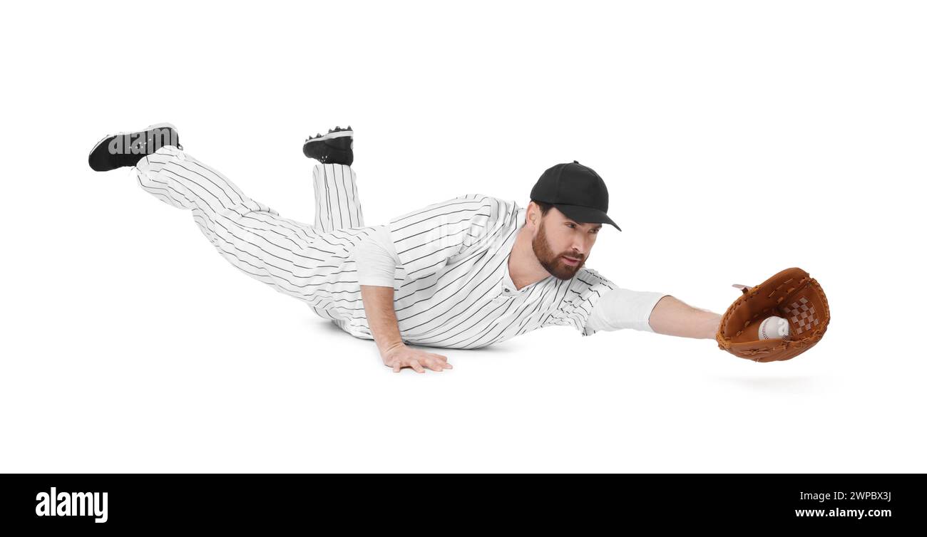 Baseball player catching ball on white background Stock Photo - Alamy