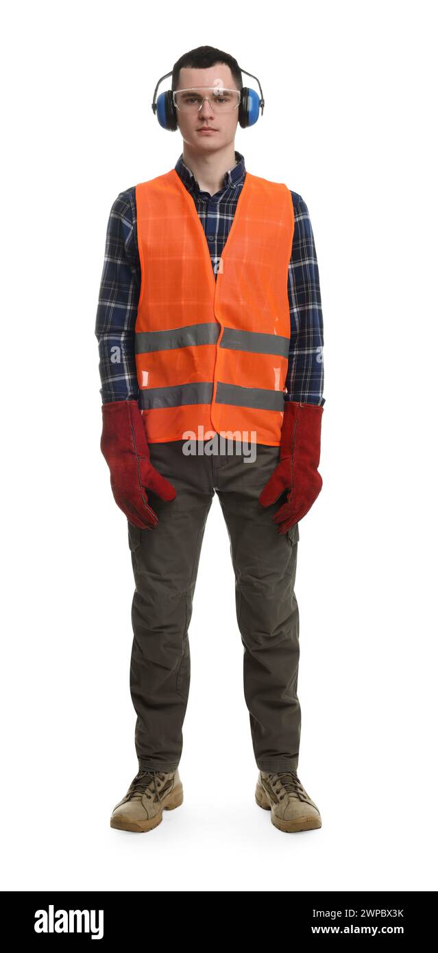 Young man wearing safety equipment on white background Stock Photo - Alamy