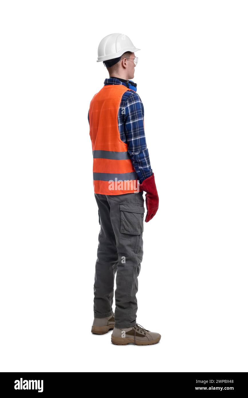 Young man wearing safety equipment on white background Stock Photo - Alamy