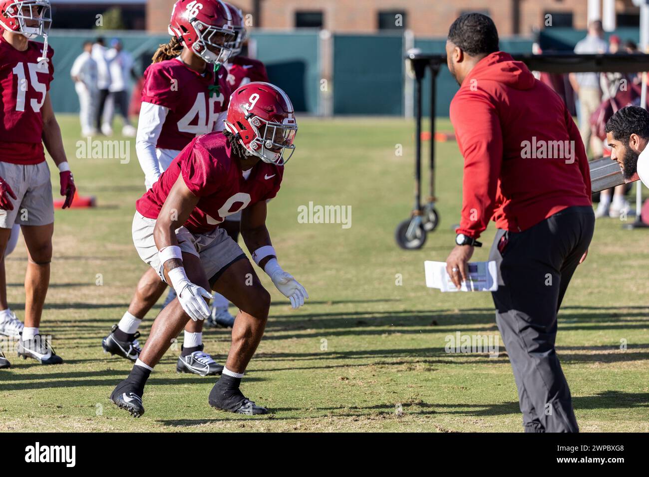 Alabama defensive back Jaylen Mbakwe (9) works through drills during ...