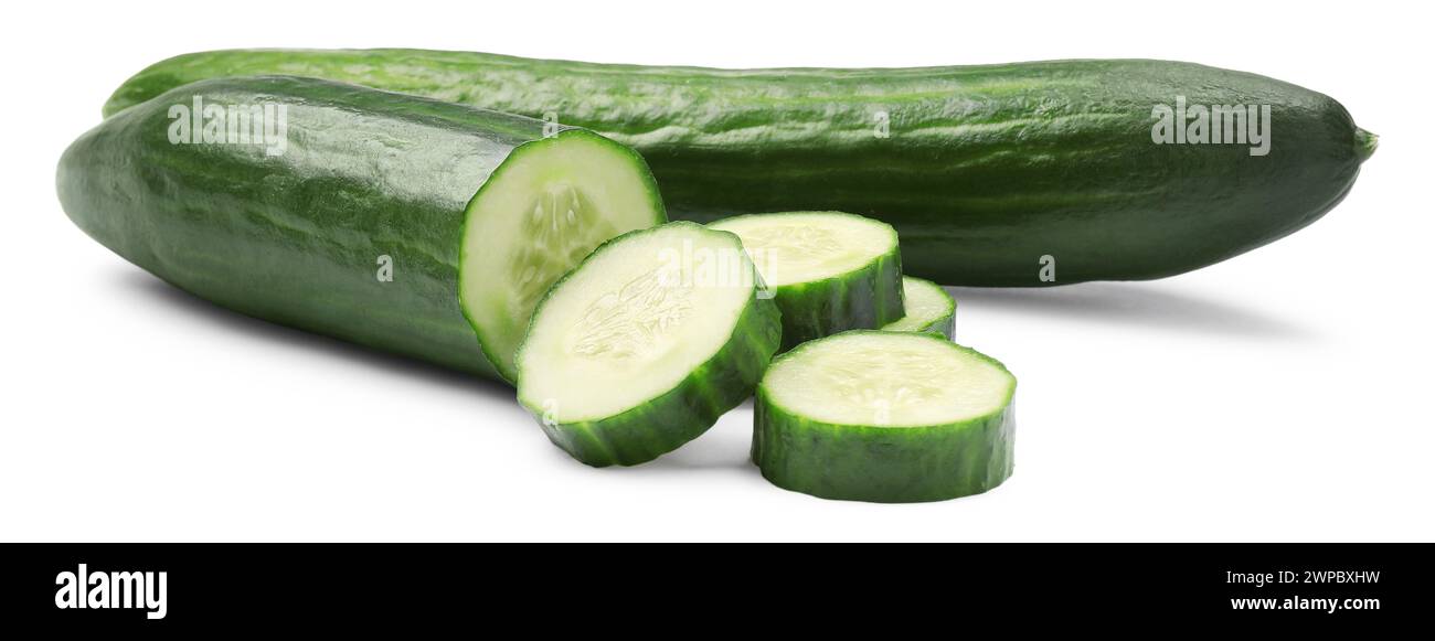 Whole and cut long cucumbers isolated on white Stock Photo - Alamy