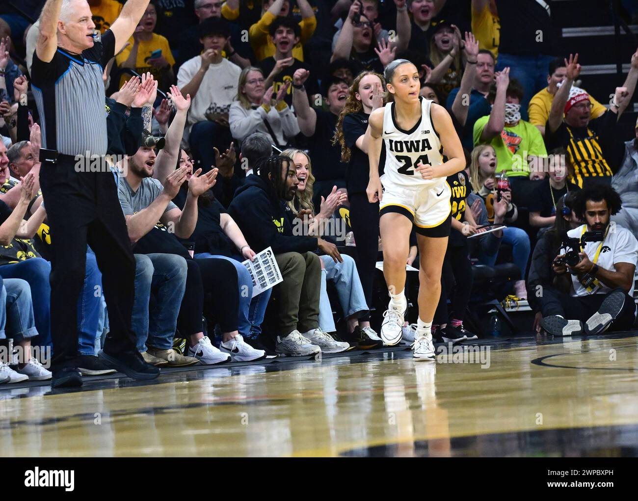 IOWA CITY, IA - MARCH 03: Iowa guard Gabby Marshall (24) reacts after ...