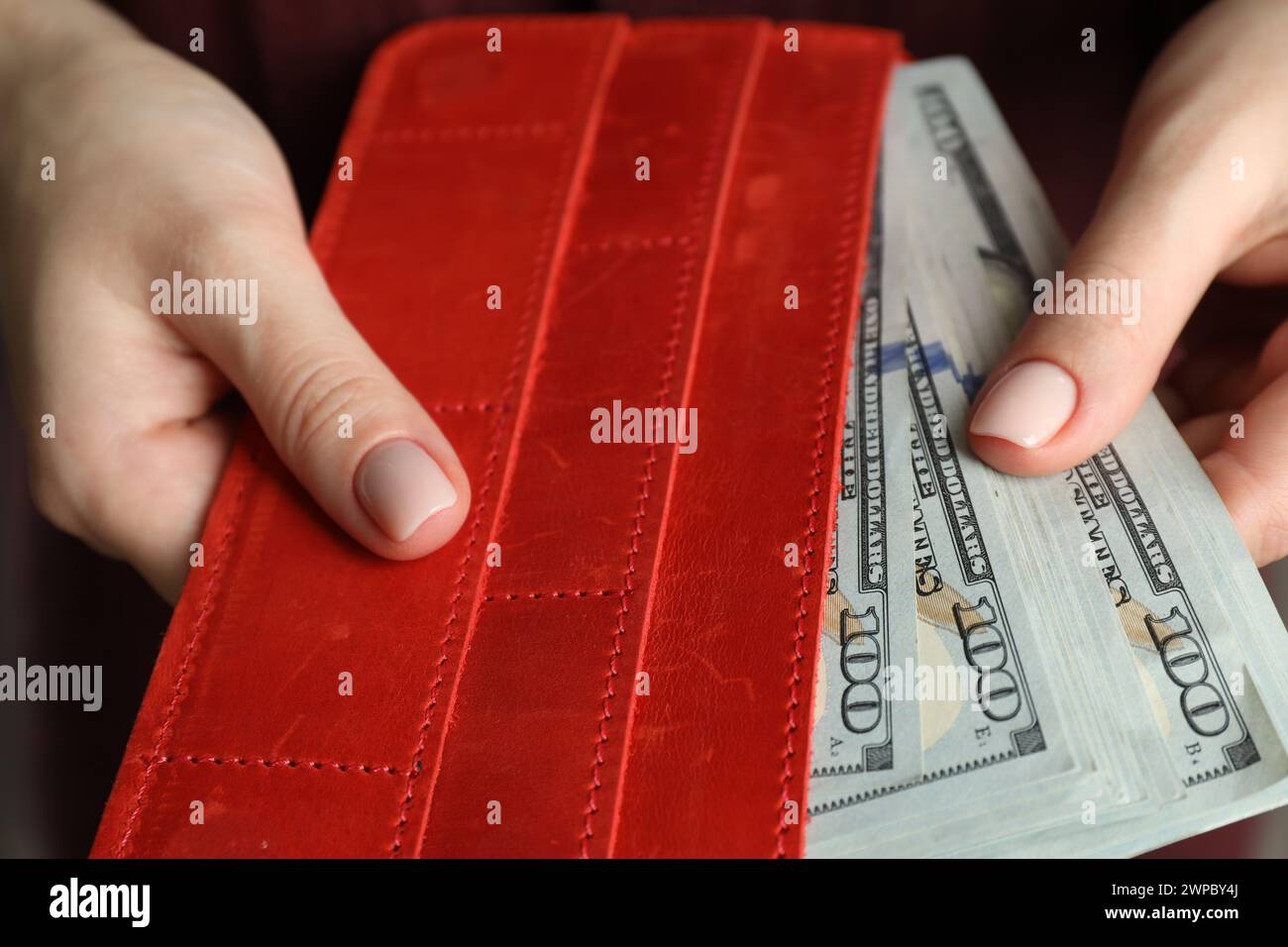 Money exchange. Woman putting dollar banknotes into wallet, closeup ...