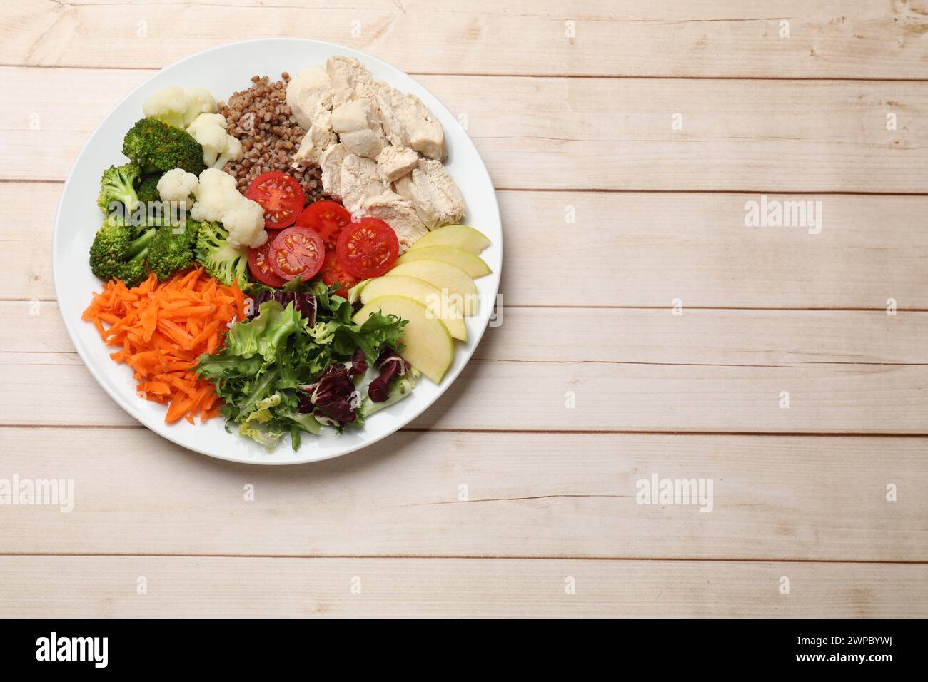Balanced diet and healthy foods. Plate with different delicious ...