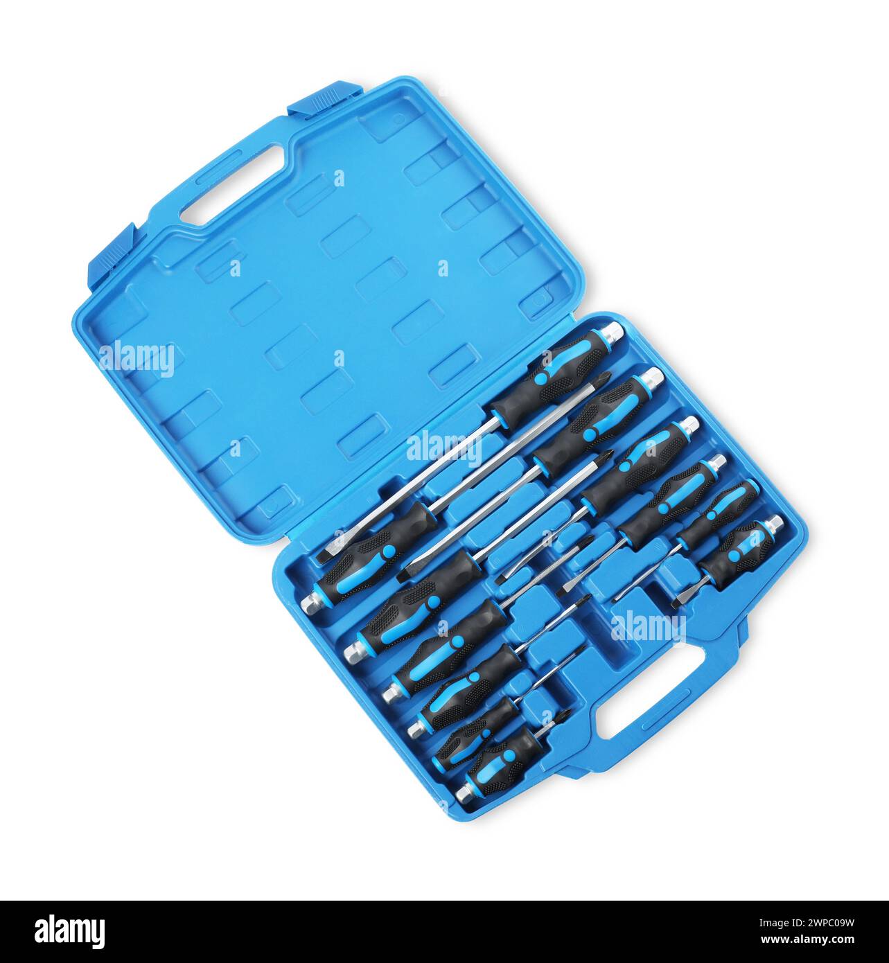Set of screwdrivers in open toolbox isolated on white, top view Stock ...