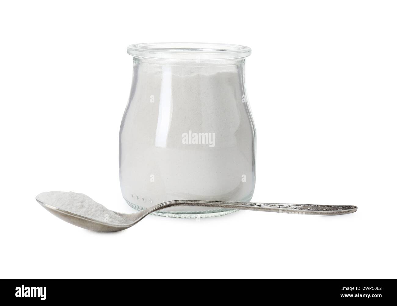 Baking powder in glass jar and spoon isolated on white Stock Photo - Alamy